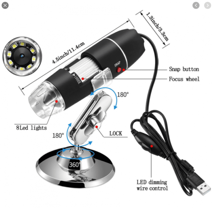 USB Microscope,1000x Zoom 8 LED USB 2.0 Digital Mini Microscope ...